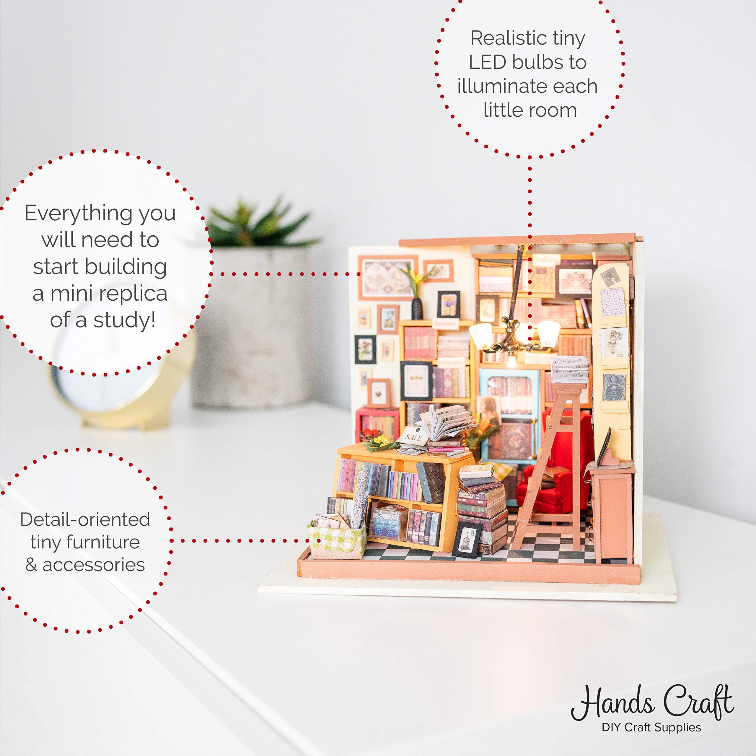 Hands Craft DIY Miniature Dollhouse Kit - Sam's Study 3D Model Tiny House Building with LED Lights Wood Prefabricated Pieces Puzzle 1:24 Scale Crafts for Adults and Teens DG102