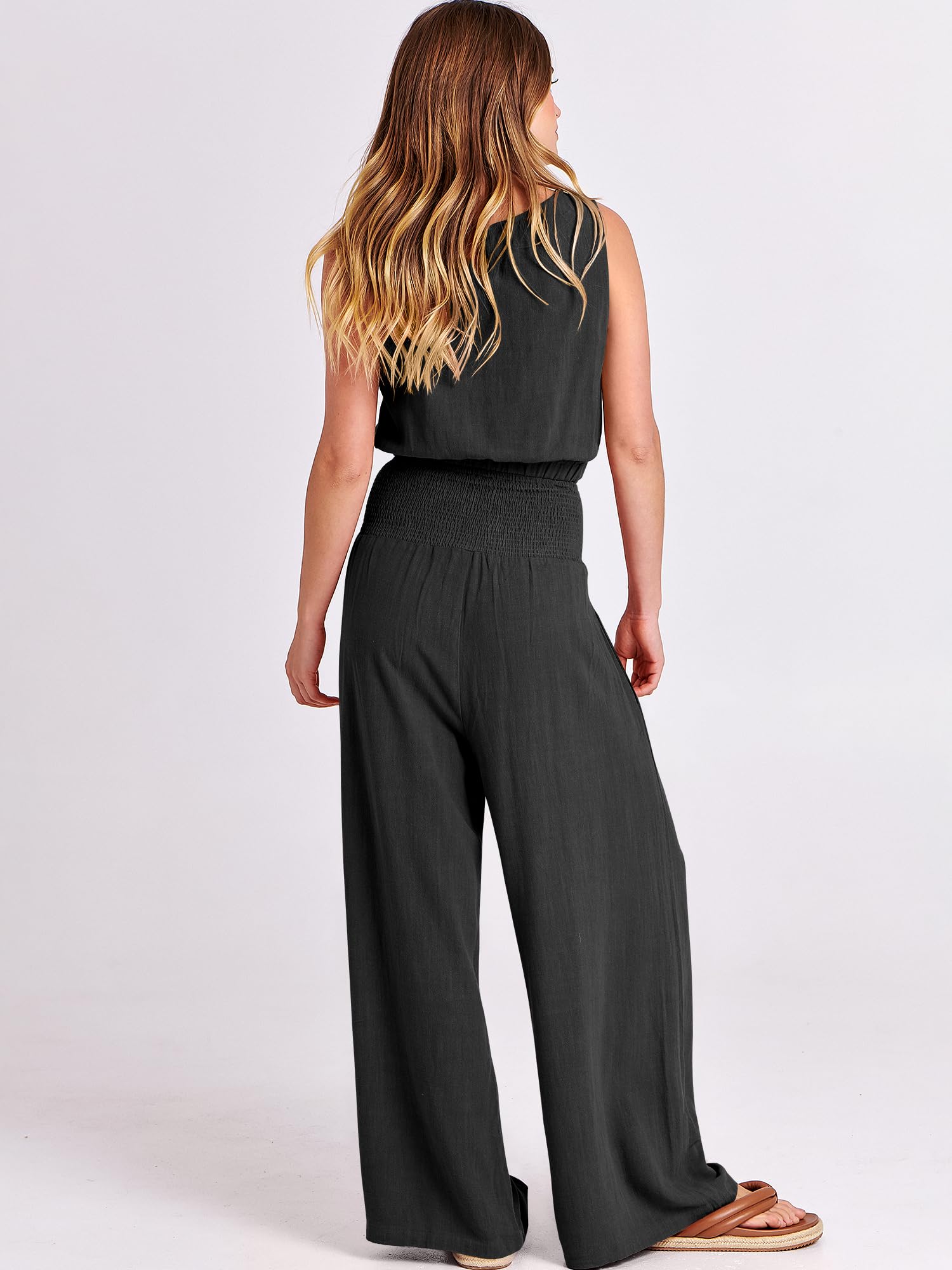 ANRABESS Women's 2 Piece Linen Lounge Set Casual Matching Pants Jumpsuit Summer Beach Travel Vacation Trendy Outfits Black Small