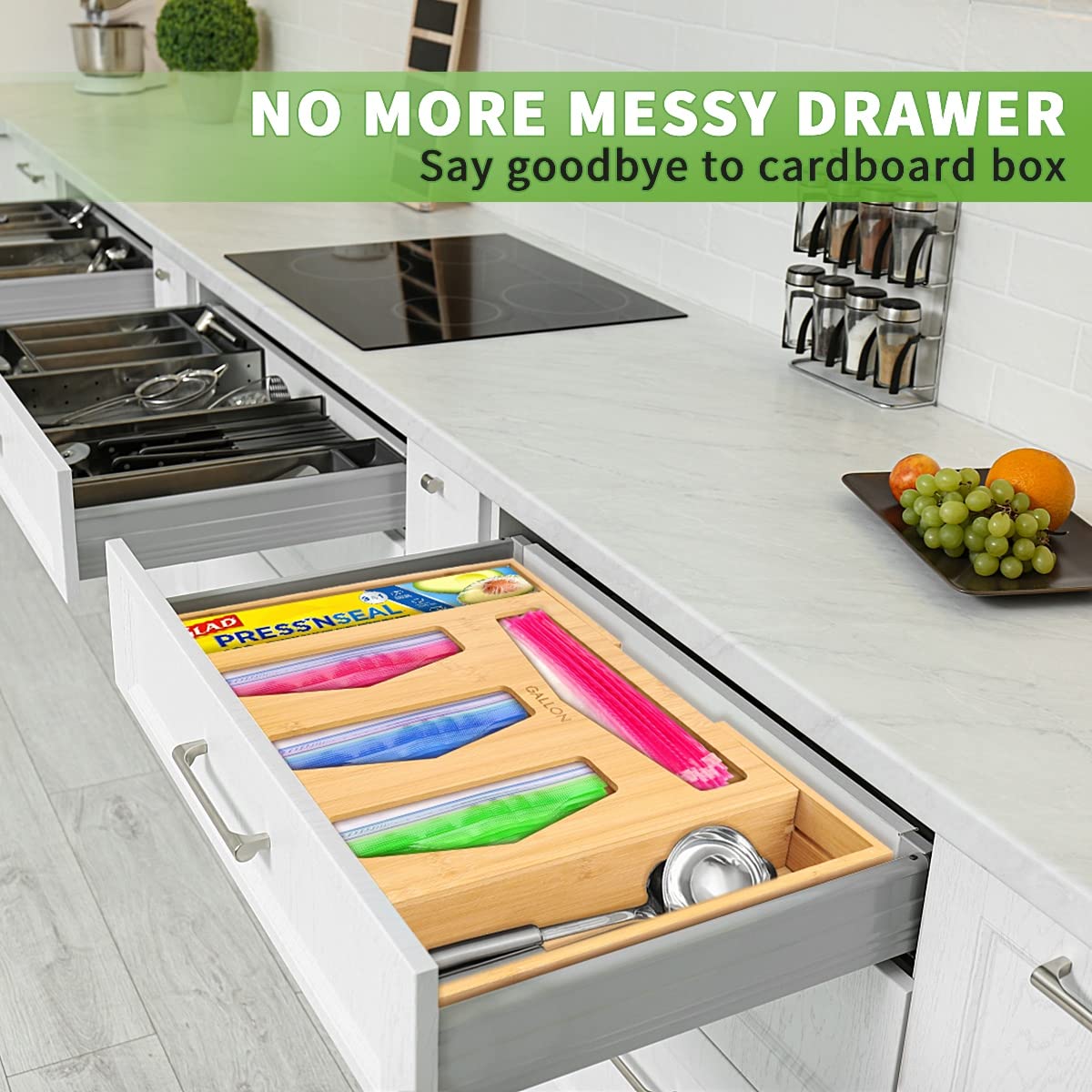 Ziplock Bag Storage Organizer for Kitchen Drawer, Expandable Bamboo Baggie Organizer, Plastic Food Bag Holders and Dispenser, Compatible with Gallon, Quart, Sandwich & Snack Size Bag, 12'' Aluminum Foil and Plastic Wrap