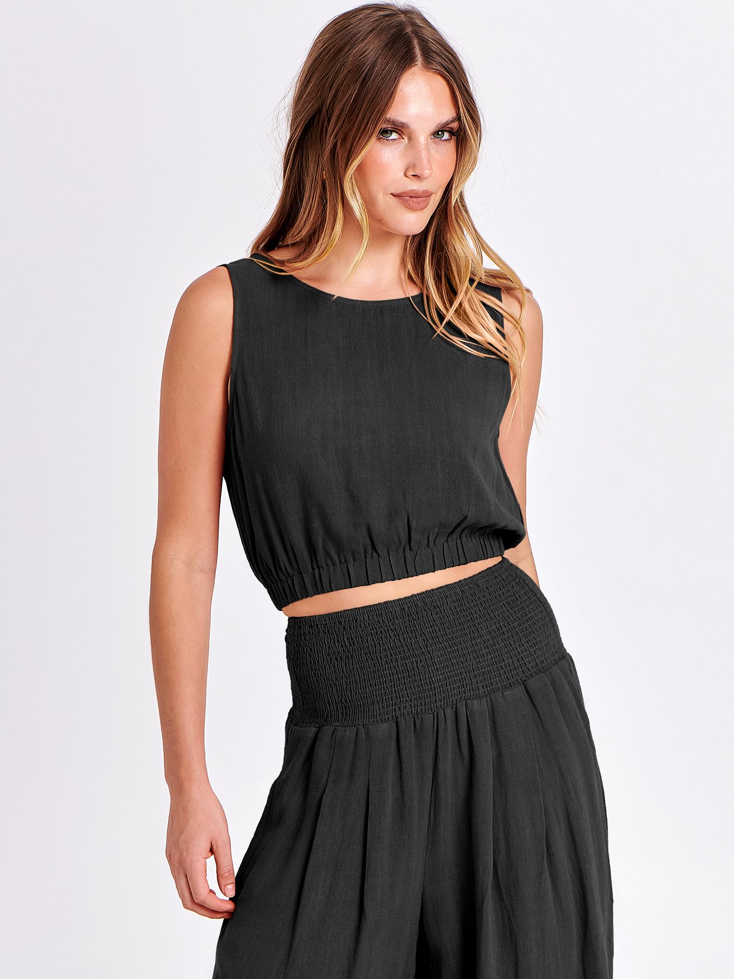 ANRABESS Women's 2 Piece Linen Lounge Set Casual Matching Pants Jumpsuit Summer Beach Travel Vacation Trendy Outfits Black Small