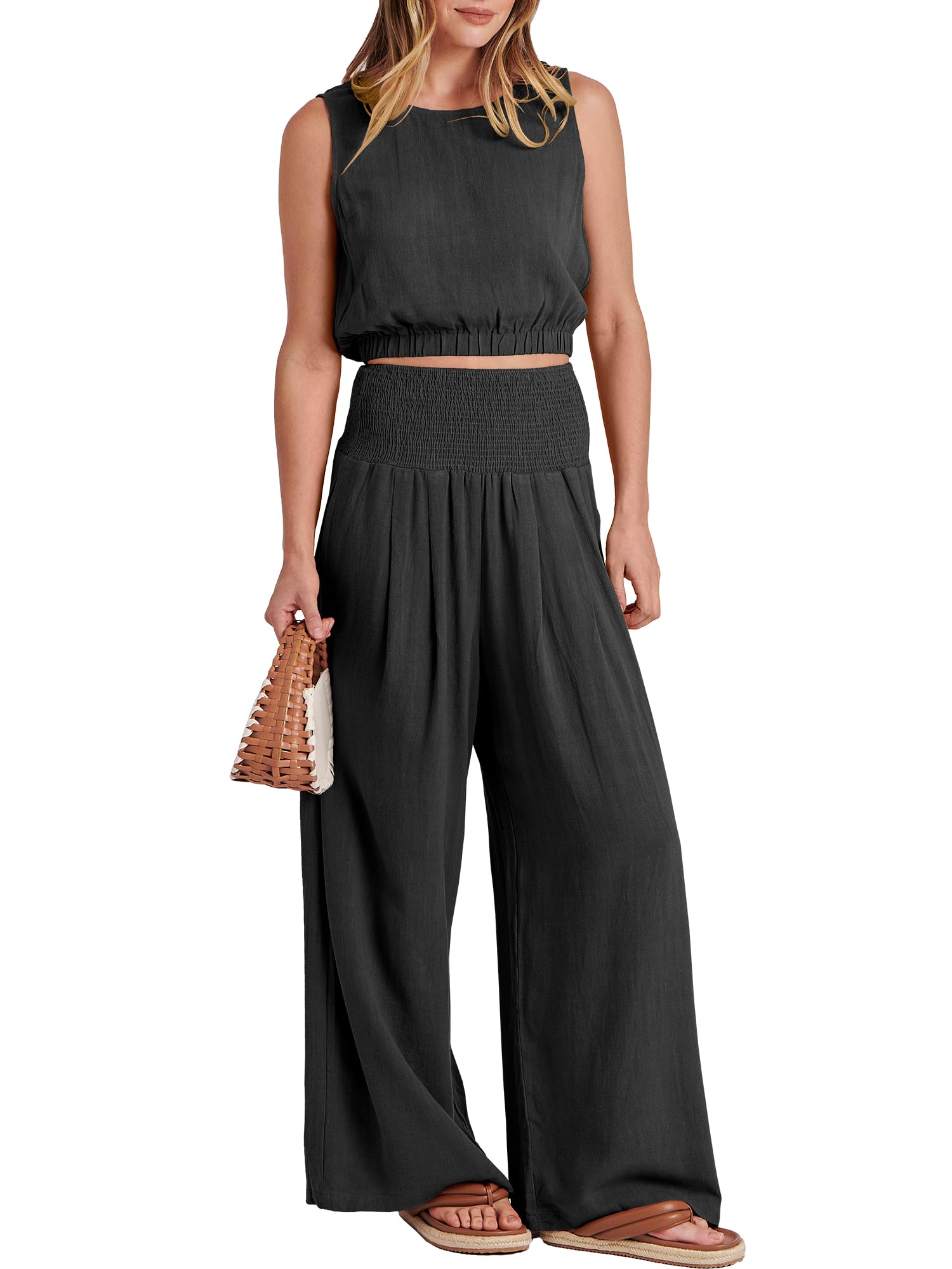 ANRABESS Women's 2 Piece Linen Lounge Set Casual Matching Pants Jumpsuit Summer Beach Travel Vacation Trendy Outfits Black Small