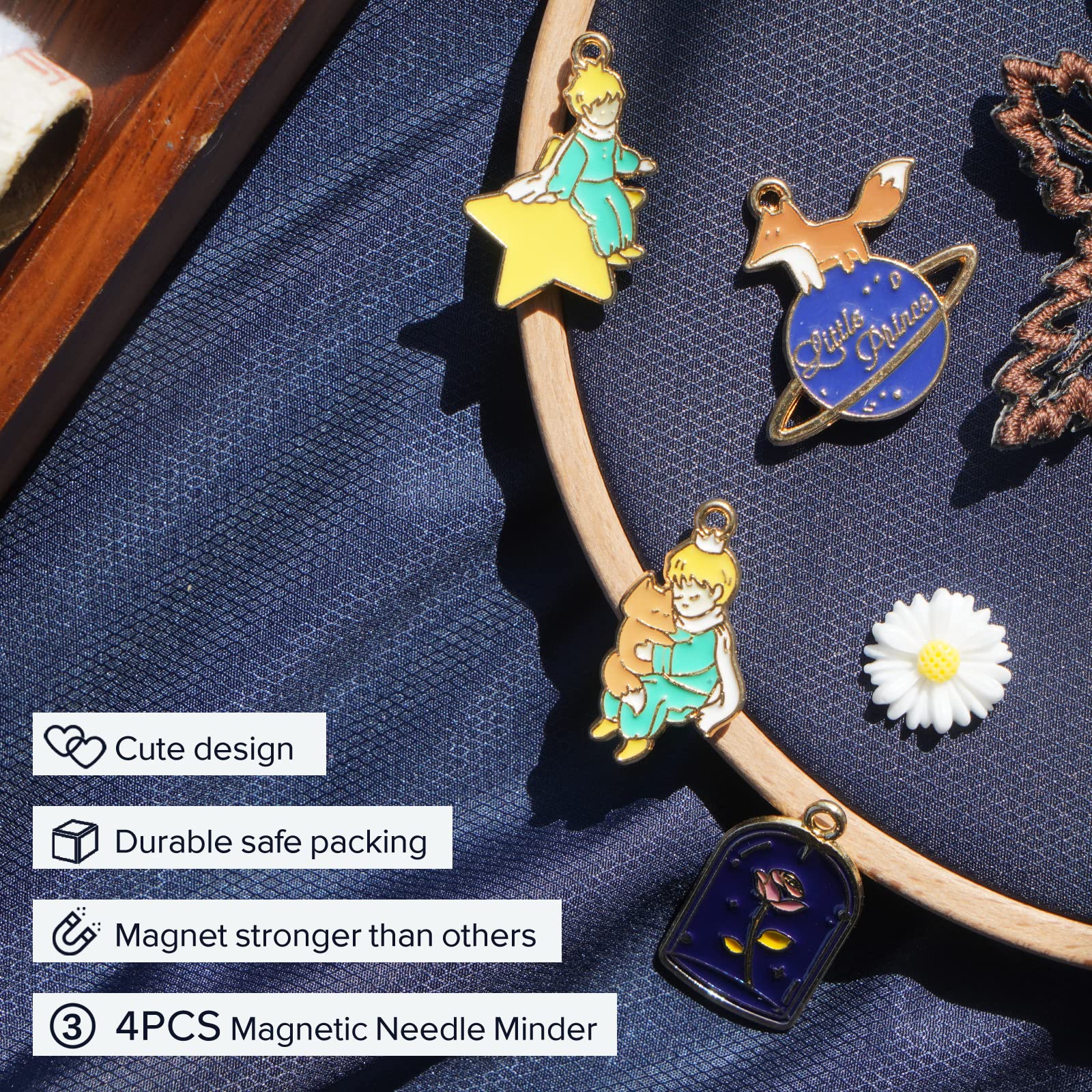 4pcs Needle Minder for Cross Stitch,Sewing Magnetic Needle Keeper,Cute Little Prince Cartoon Enamel Pin,Needle Holder for Embroidery,Needlework Storage Accessory,Gift for Cross Stitch Lover(18-Needle)