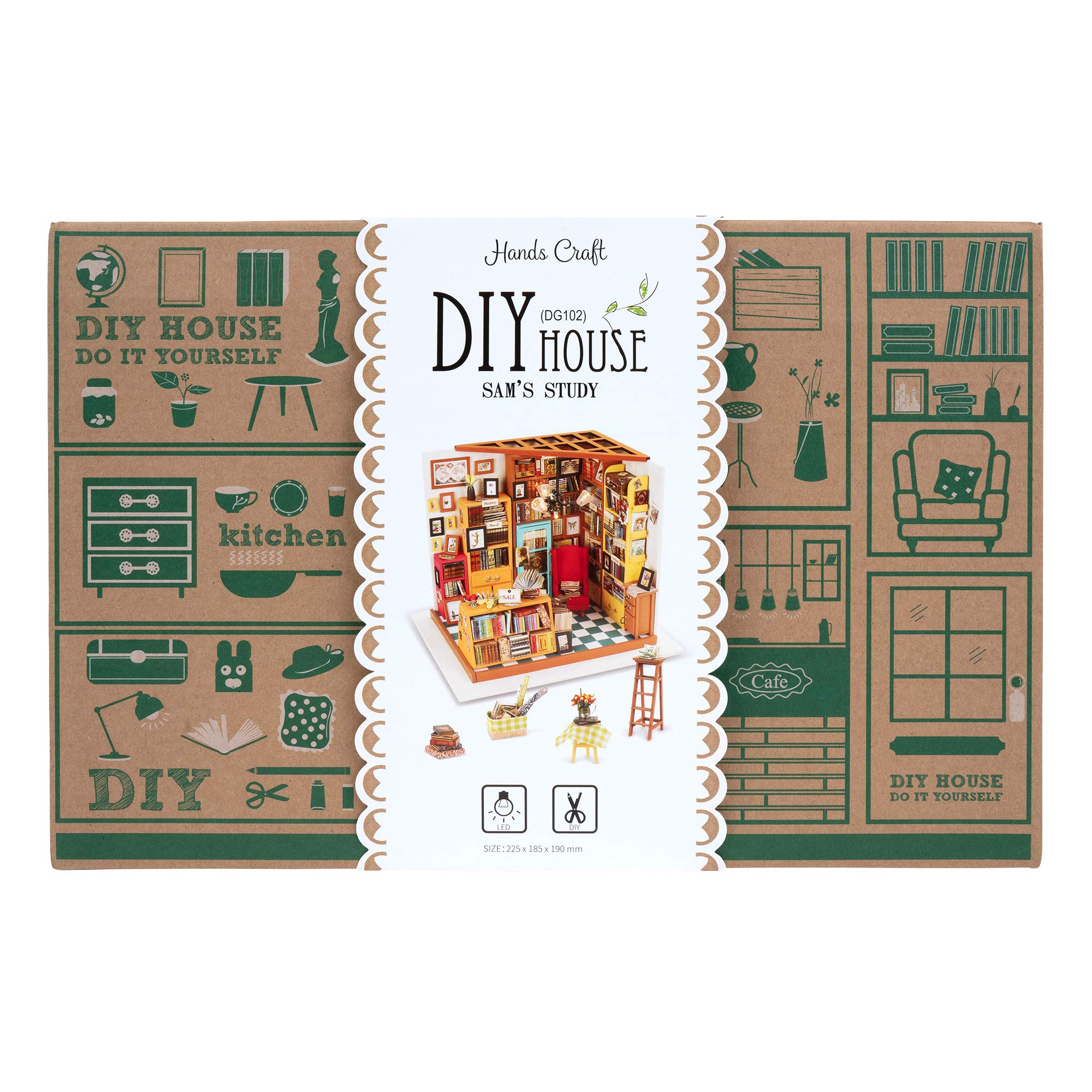Hands Craft DIY Miniature Dollhouse Kit - Sam's Study 3D Model Tiny House Building with LED Lights Wood Prefabricated Pieces Puzzle 1:24 Scale Crafts for Adults and Teens DG102