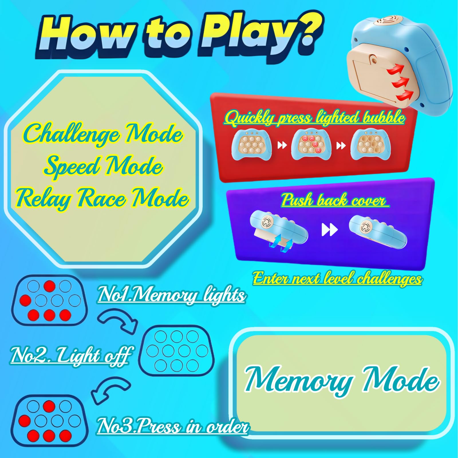 2 Pc New Speed Push Handheld Game Machine-Fidget Console,Quick Push Light Up Pop Game for Adults and Kids,Music Whack A Mole Stress Relief Fidget Toys,Squeeze Poppet Sensory Push Pop Bubble Toy (PB)