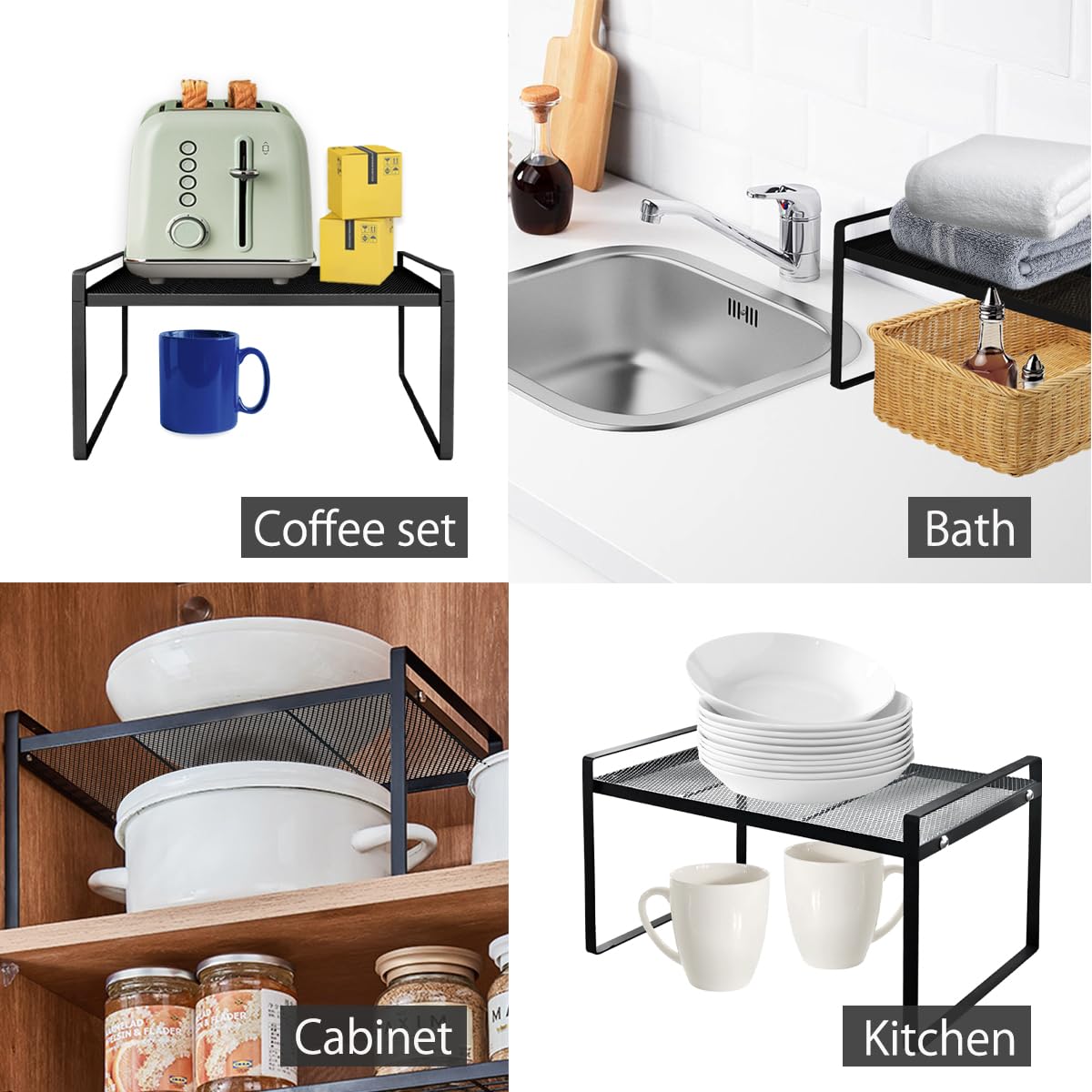 Vicosey Cabinet Shelf , Shelf organizer,Rustproof Kitchen Counter and Cabinet Shelf , Space Saver Under Cabinet Shelf , Cupboard, Plate, Dish, Counter & Pantry Organizer Organization,Black/Iron