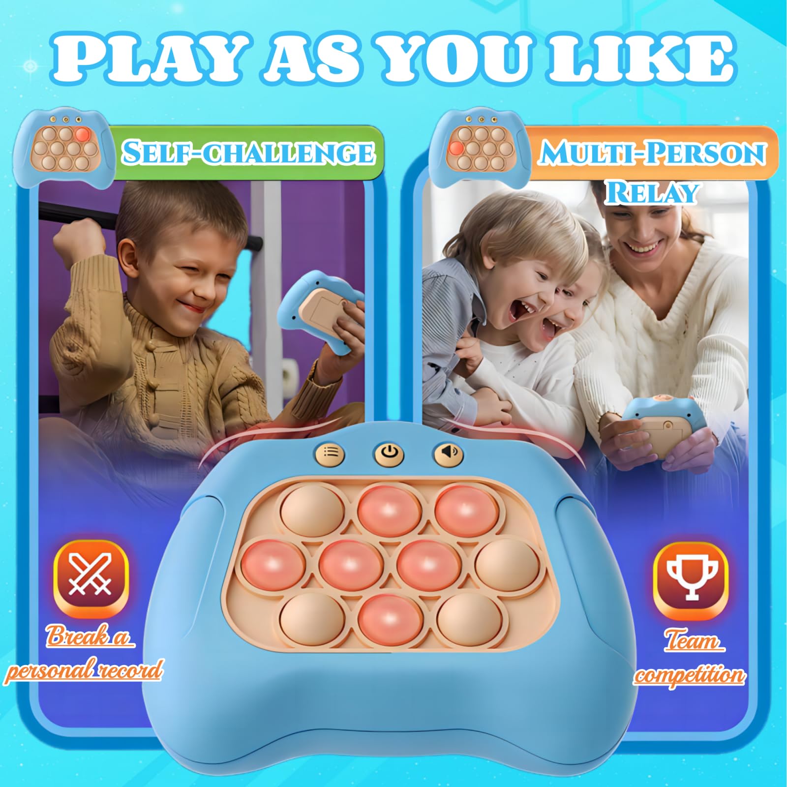 2 Pc New Speed Push Handheld Game Machine-Fidget Console,Quick Push Light Up Pop Game for Adults and Kids,Music Whack A Mole Stress Relief Fidget Toys,Squeeze Poppet Sensory Push Pop Bubble Toy (PB)