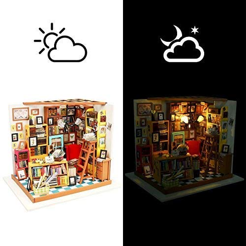 Hands Craft DIY Miniature Dollhouse Kit - Sam's Study 3D Model Tiny House Building with LED Lights Wood Prefabricated Pieces Puzzle 1:24 Scale Crafts for Adults and Teens DG102