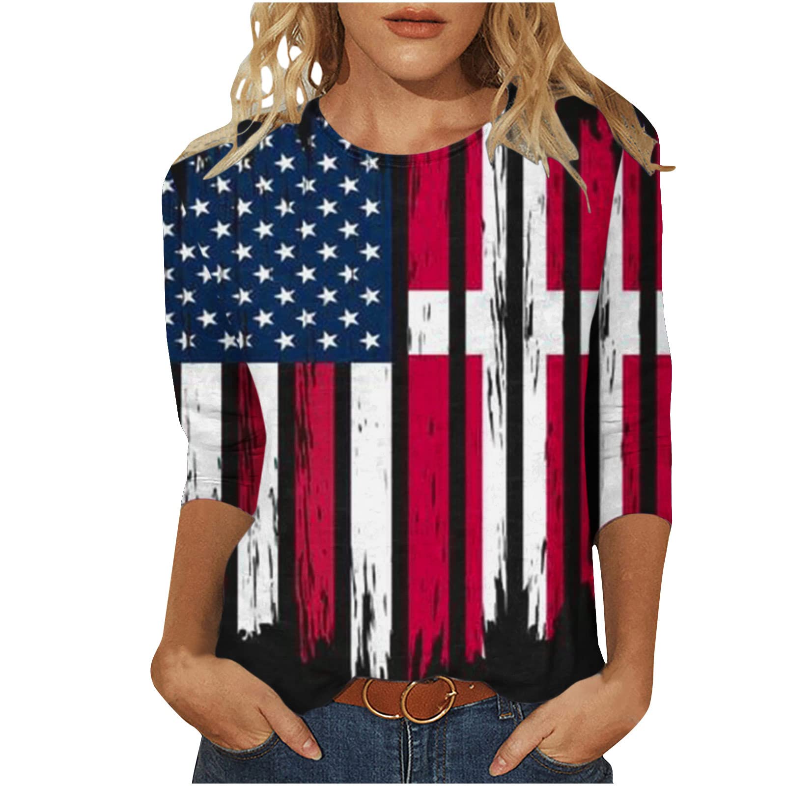 Coupons and Promo Codes for Discount 2023 Patriotic 4th of July Shirts for Women Fashion American Flag Print Round Neck 3/4 Sleeve Casual Loose Blouse Tee