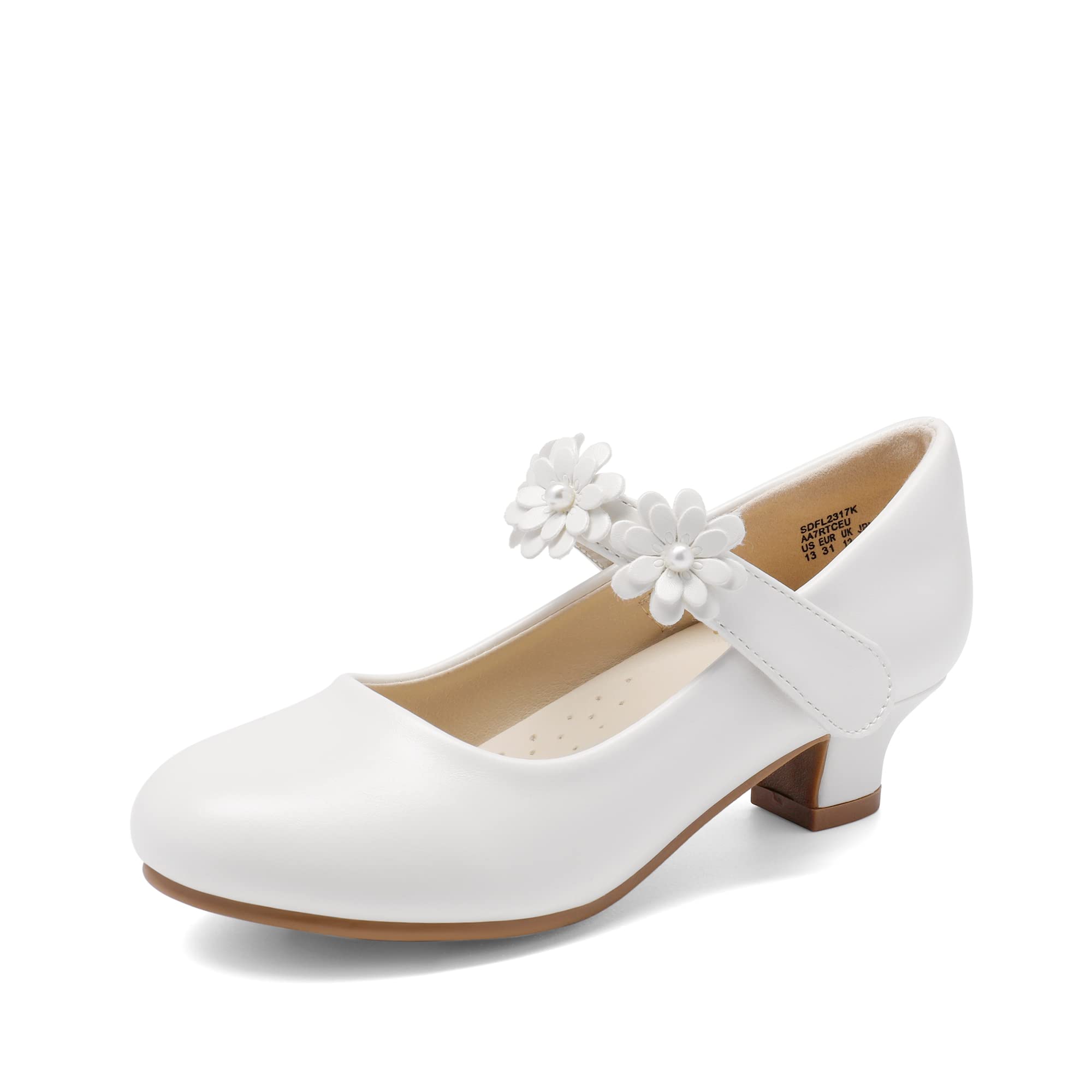 DREAM PAIRS Girls Mary Jane Dress Shoes Pumps Low Heels Flower Party Wedding Princess,Size 2 Little Kid,White,SDFL2317K
