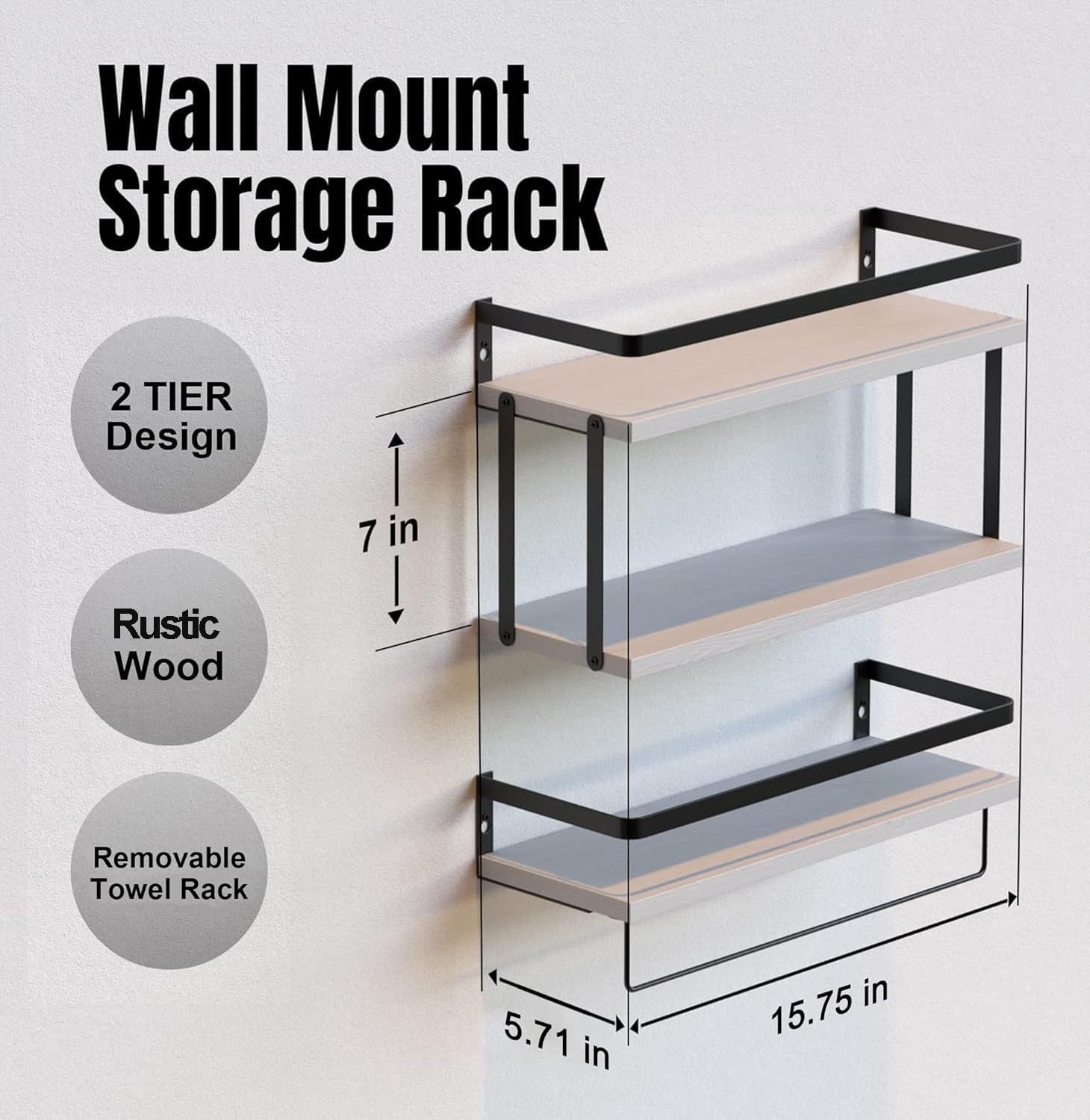 RICHER HOUSE 2+1 Tier Wall Mounted Floating Shelves Set of 2, Rustic Wood Wall Shelf with Metal Frame, Extra Storage Rack for Bathroom, Kitchen, Bedroom with Tissue Rack & Towel Bar - White