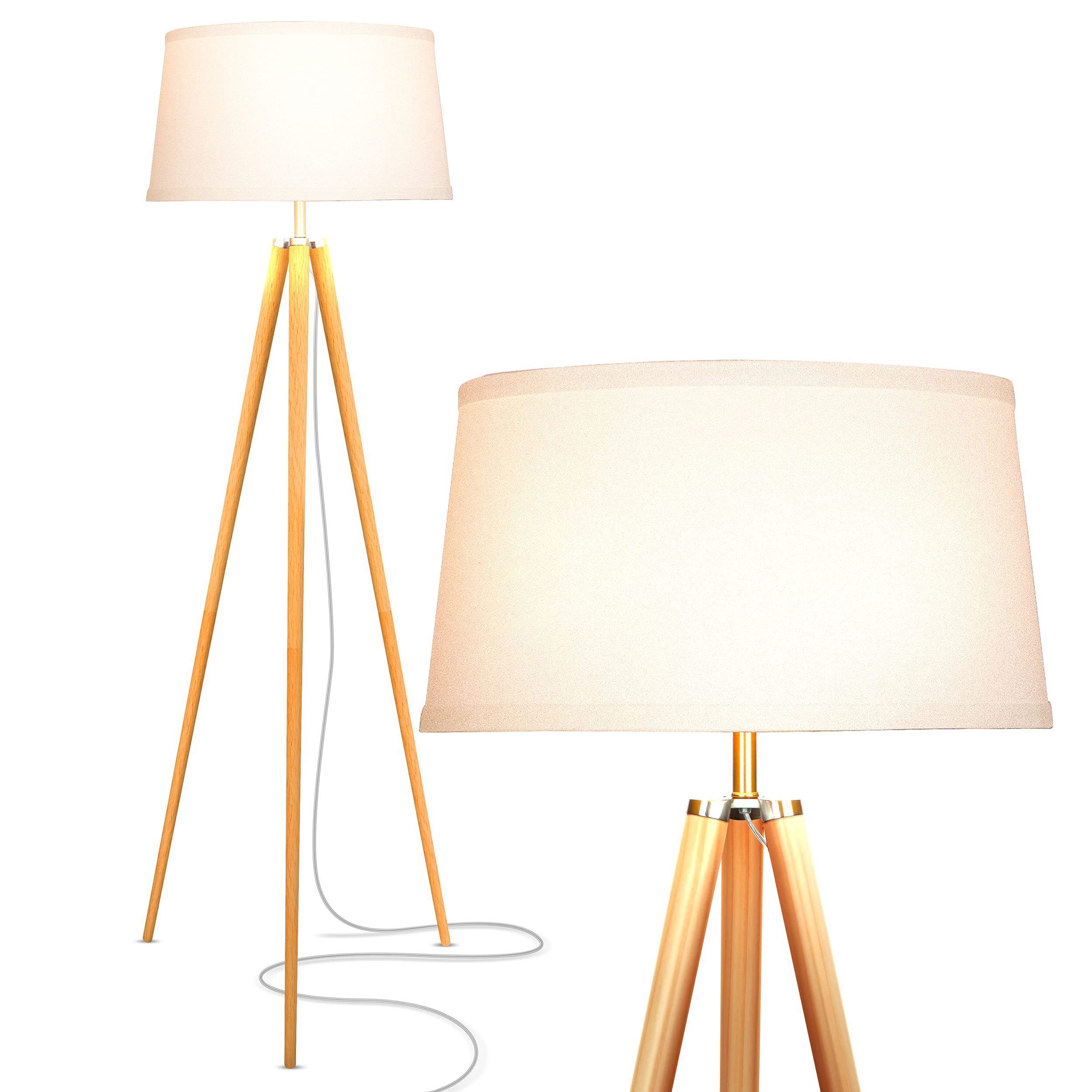 Brightech Emma LED Floor Lamp, Tall Lamp with Wood Legs, Mid-Century Modern Standing Lamp for Bedroom Reading, Tripod Lamp for Living Rooms & Offices, Great Living Room Décor