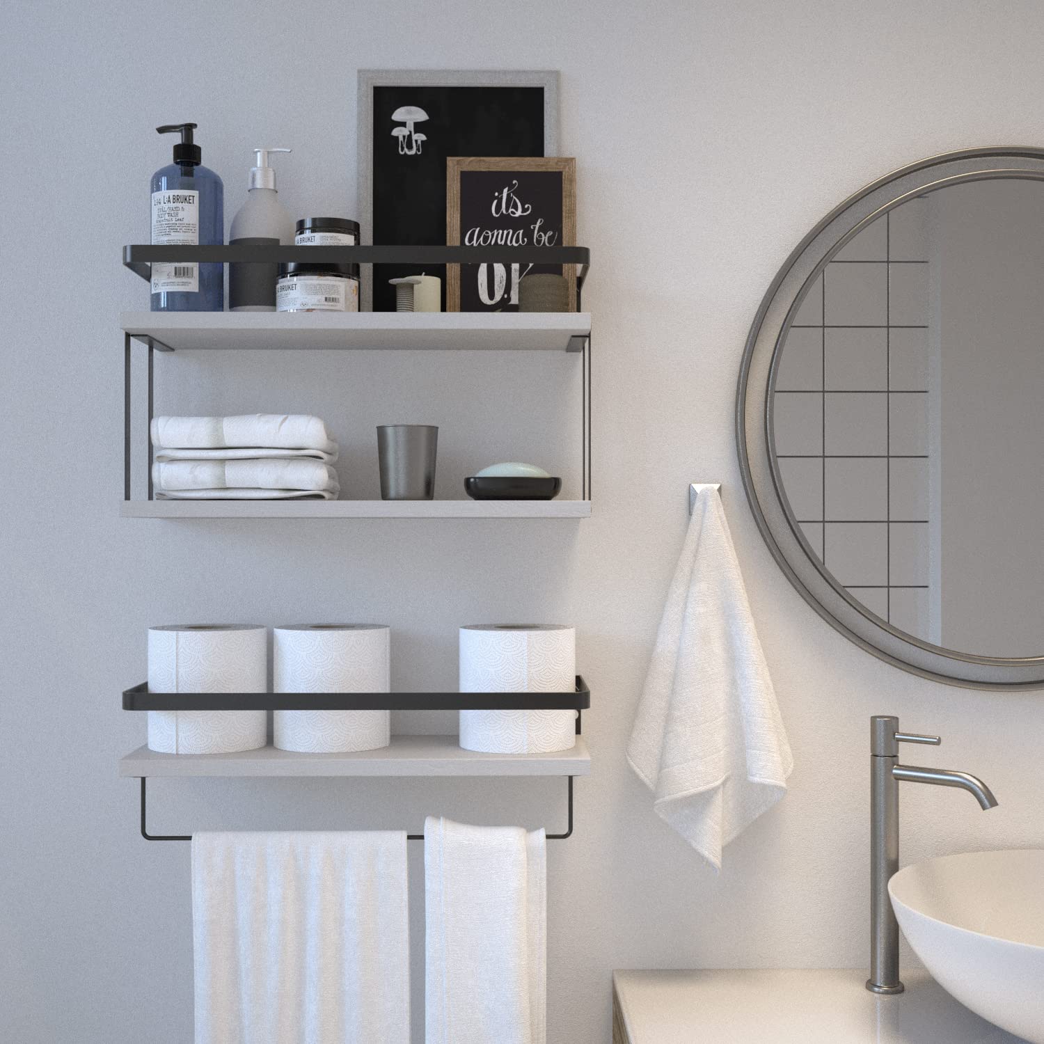 RICHER HOUSE 2+1 Tier Wall Mounted Floating Shelves Set of 2, Rustic Wood Wall Shelf with Metal Frame, Extra Storage Rack for Bathroom, Kitchen, Bedroom with Tissue Rack & Towel Bar - White