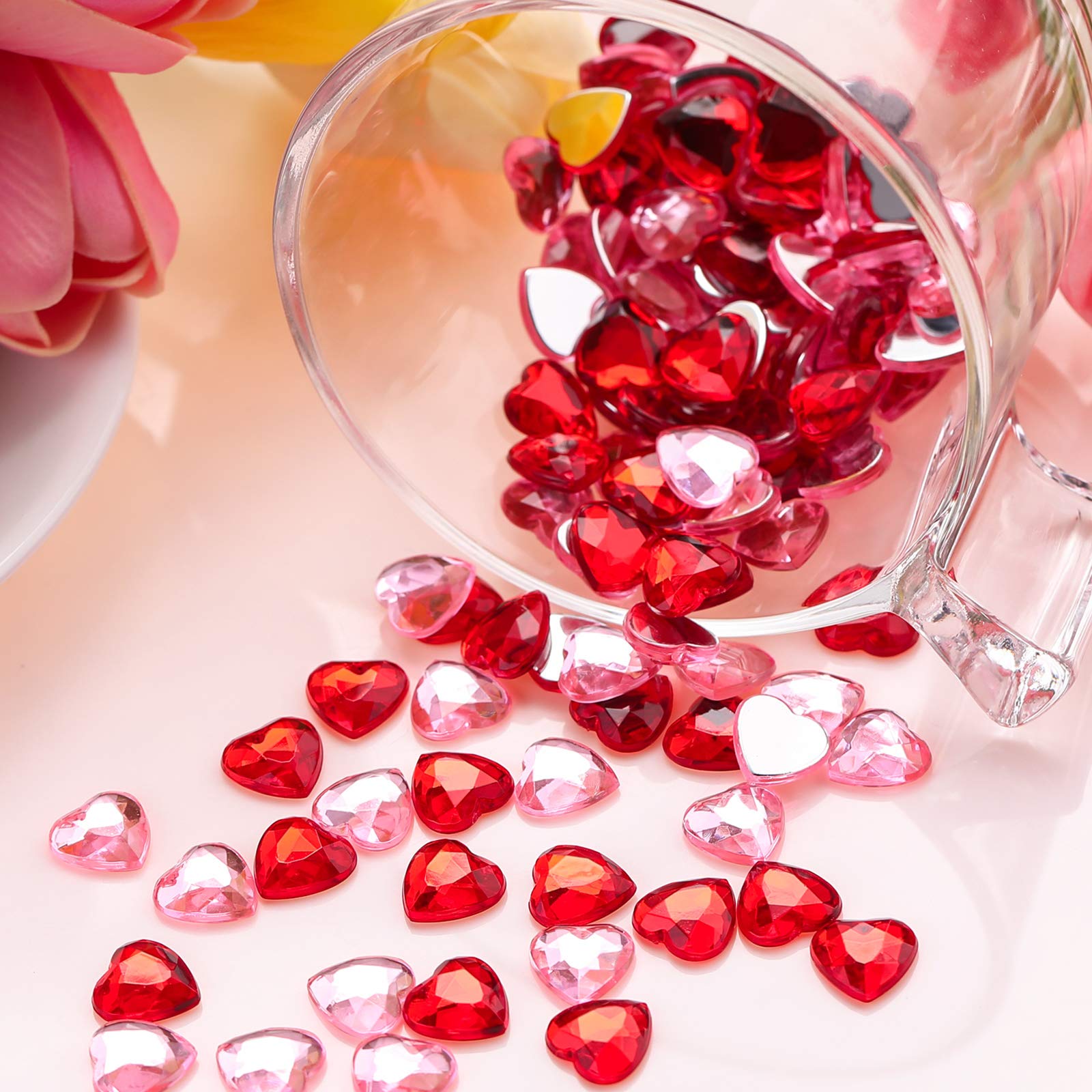Red/Pink Acrylic Heart for Valentines Day, Wedding Heart Table Scatter Decoration, Flat Back Heart Rhinestones, 0.5 Inch (100)