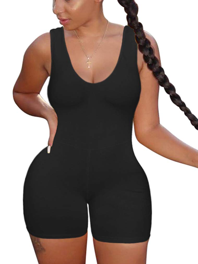 XXTAXN Women's Sexy One Piece Sleeveless V Neck Tank Top Rompers Short Bodycon Jumpsuit Black