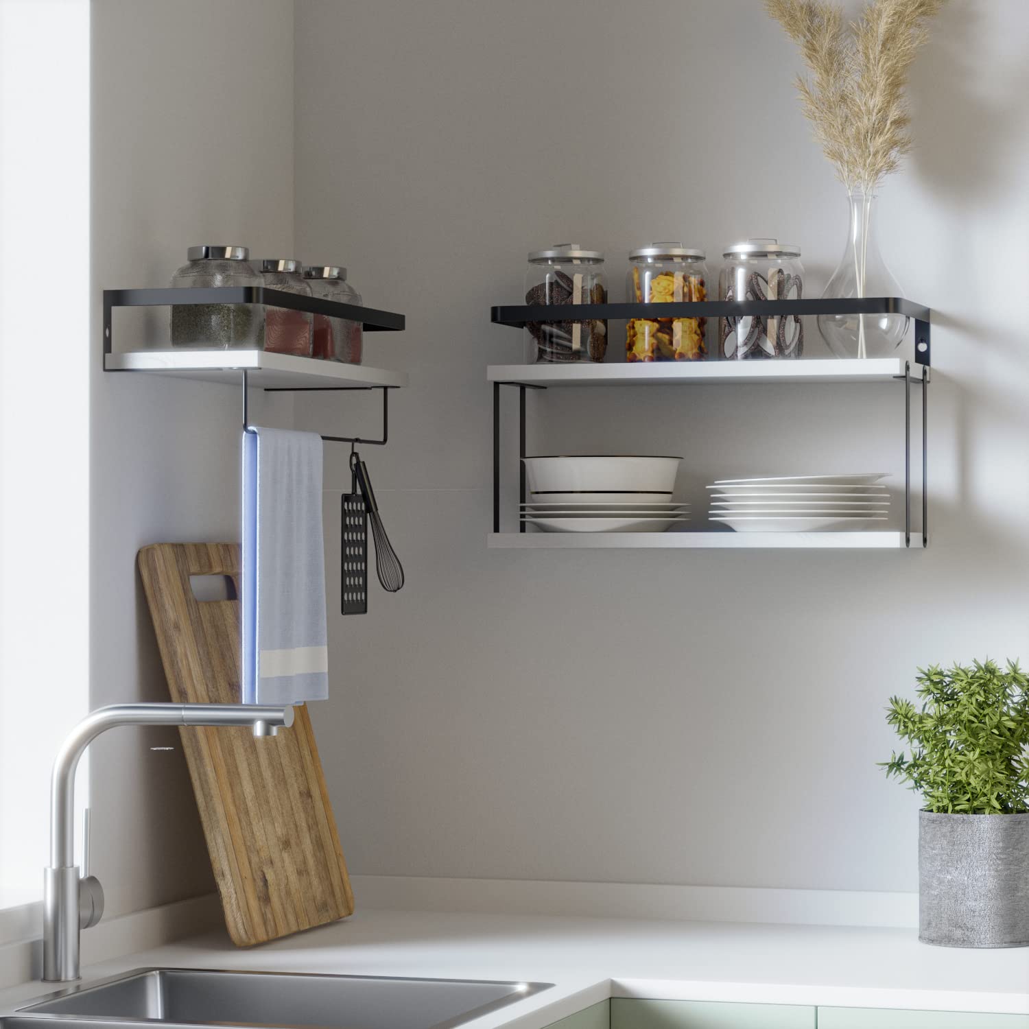 RICHER HOUSE 2+1 Tier Wall Mounted Floating Shelves Set of 2, Rustic Wood Wall Shelf with Metal Frame, Extra Storage Rack for Bathroom, Kitchen, Bedroom with Tissue Rack & Towel Bar - White
