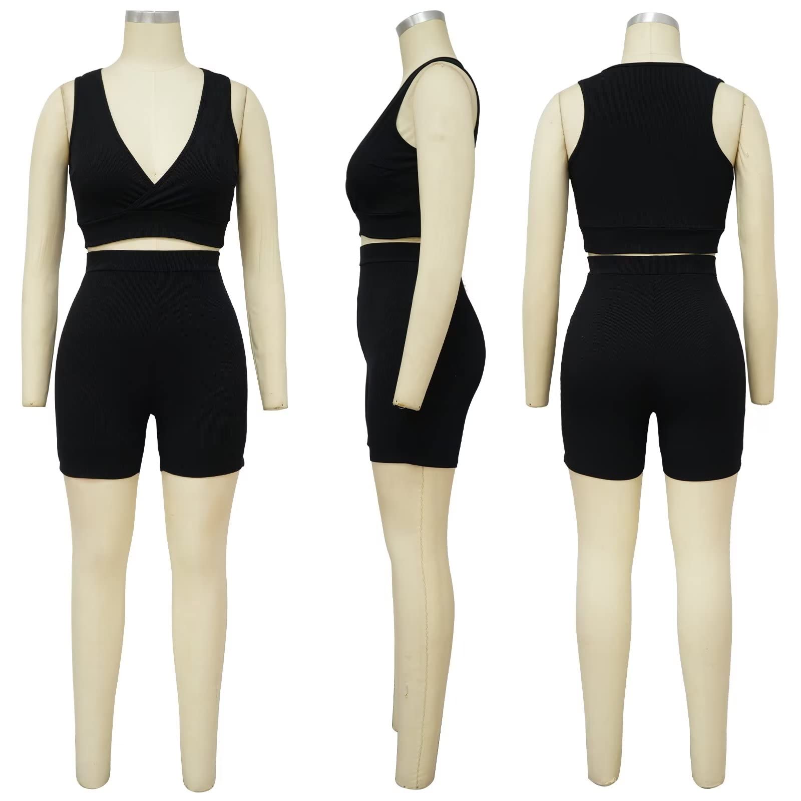Womens Workout Set Ribbed Two Piece Outfits Athletic Gym Sport Yoga Sets Running Wrap Crop Tank Tops and Shorts Black XL