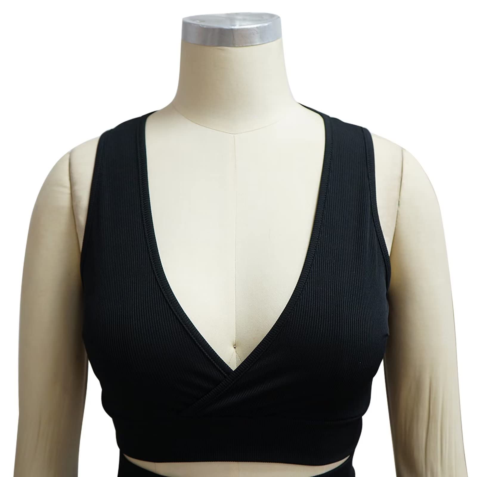 Womens Workout Set Ribbed Two Piece Outfits Athletic Gym Sport Yoga Sets Running Wrap Crop Tank Tops and Shorts Black XL