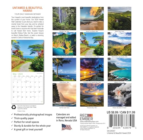 Small Spaces Mini Wall Calendar - Untamed & Beautiful Hawaii 2024 Hangable Monthly by Red Ember | Only 7" x 14" Open | Thick & Sturdy Paper | Giftable | Beach Nature Travel | Your Daily Hawaiian
