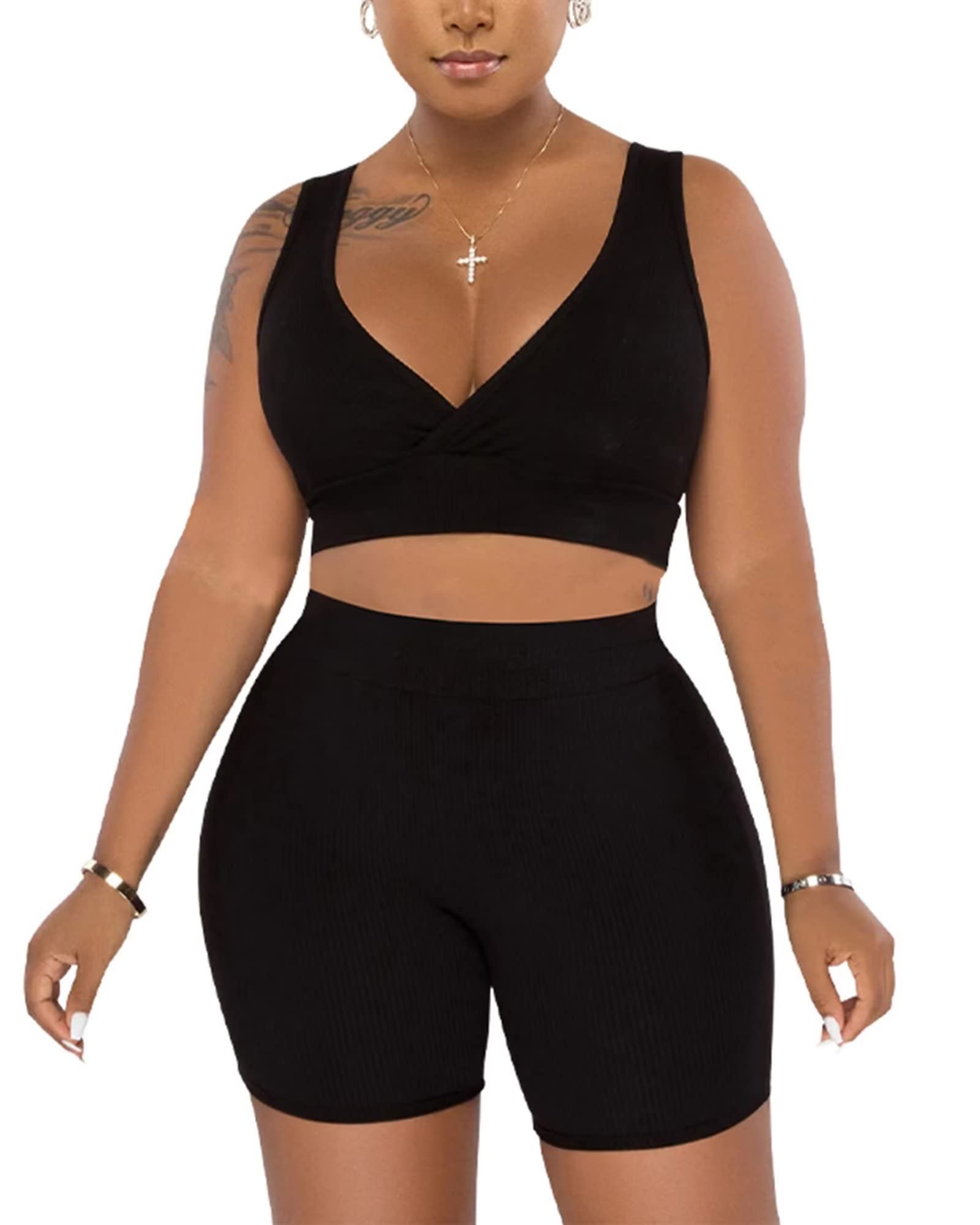 Womens Workout Set Ribbed Two Piece Outfits Athletic Gym Sport Yoga Sets Running Wrap Crop Tank Tops and Shorts Black XL