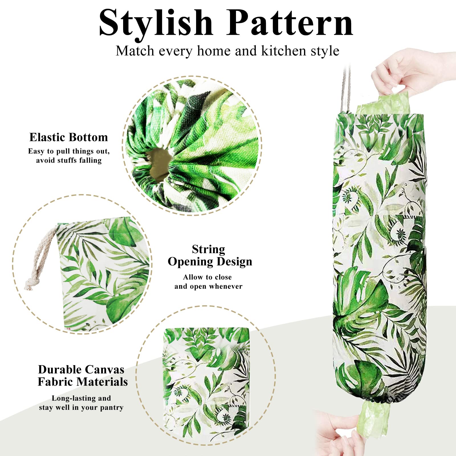 TOGETRUE Plastic Bag Holder, Wall Mount Plastic Bag Organizer Dispenser, Heavy Duty Grocery Bag Storage Holder, Hanging Shopping Bag Holder for Home Kitchen Camper (Green Leaves 2 Pcs)