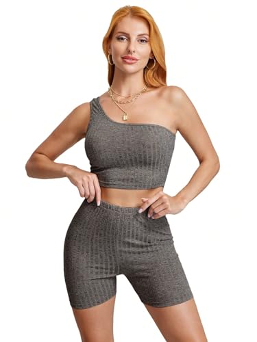 WDIRARA Women's 2 Piece Ribbed One Shoulder Crop Tank and Biker Shorts Summer Outfits Set Grey XL
