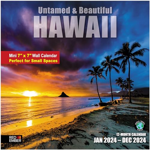 Small Spaces Mini Wall Calendar - Untamed & Beautiful Hawaii 2024 Hangable Monthly by Red Ember | Only 7" x 14" Open | Thick & Sturdy Paper | Giftable | Beach Nature Travel | Your Daily Hawaiian
