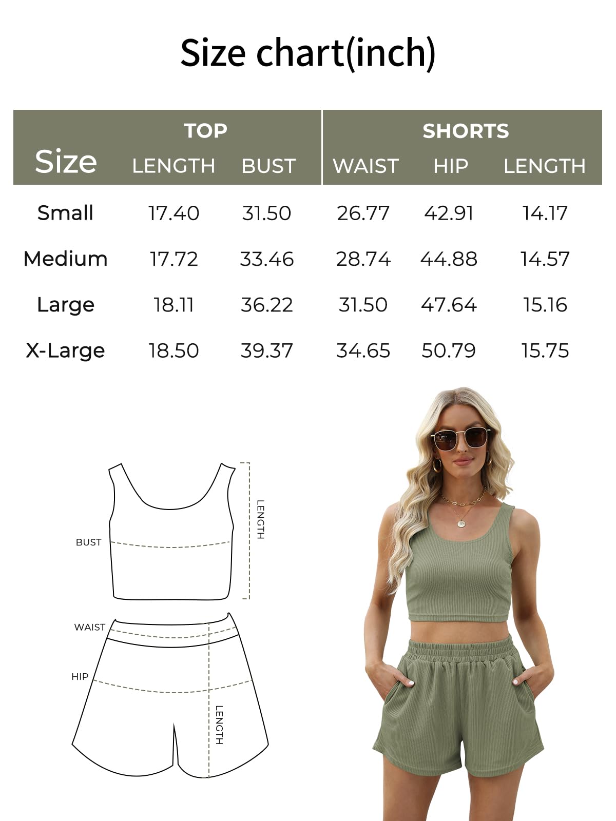 Trendy Queen Two Piece Summer Outfits 2 Piece Sets 2025 Sleeveless Matching Lounge Crop Top High Waisted Short Green XL