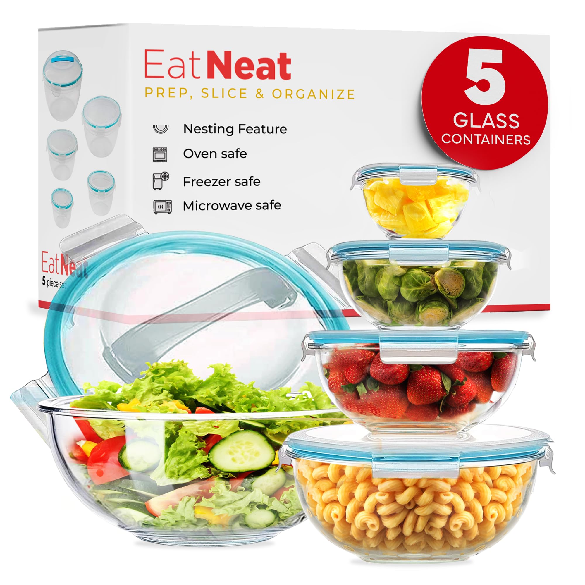 EatNeat 8 pc Round Glass Food Storage Containers With Lids – Premium Glass Meal Prep Containers, Kitchen Food Storage Containers, Clear Lunch Box, Containers For Food, Food Containers for Organizing