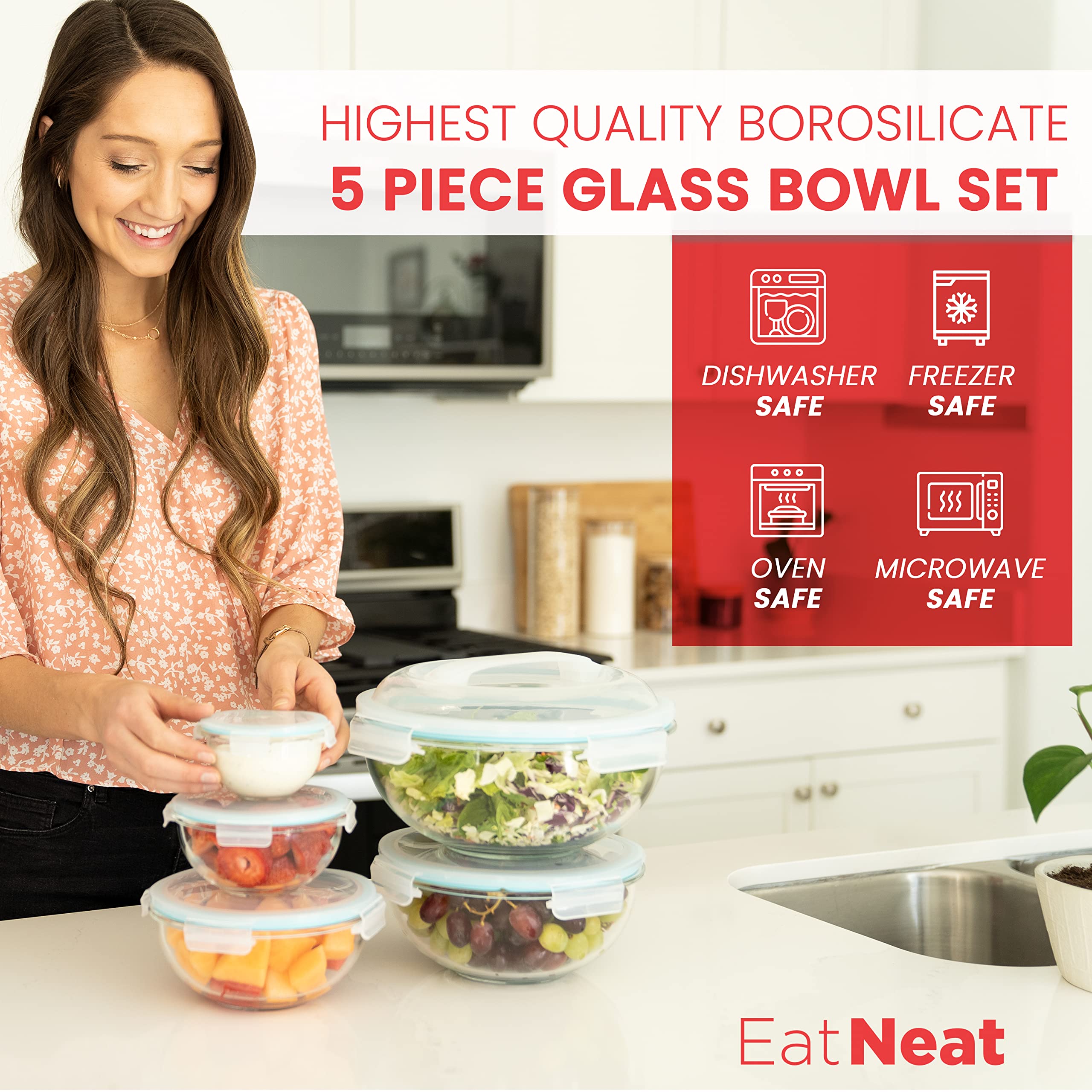 EatNeat 8 pc Round Glass Food Storage Containers With Lids – Premium Glass Meal Prep Containers, Kitchen Food Storage Containers, Clear Lunch Box, Containers For Food, Food Containers for Organizing