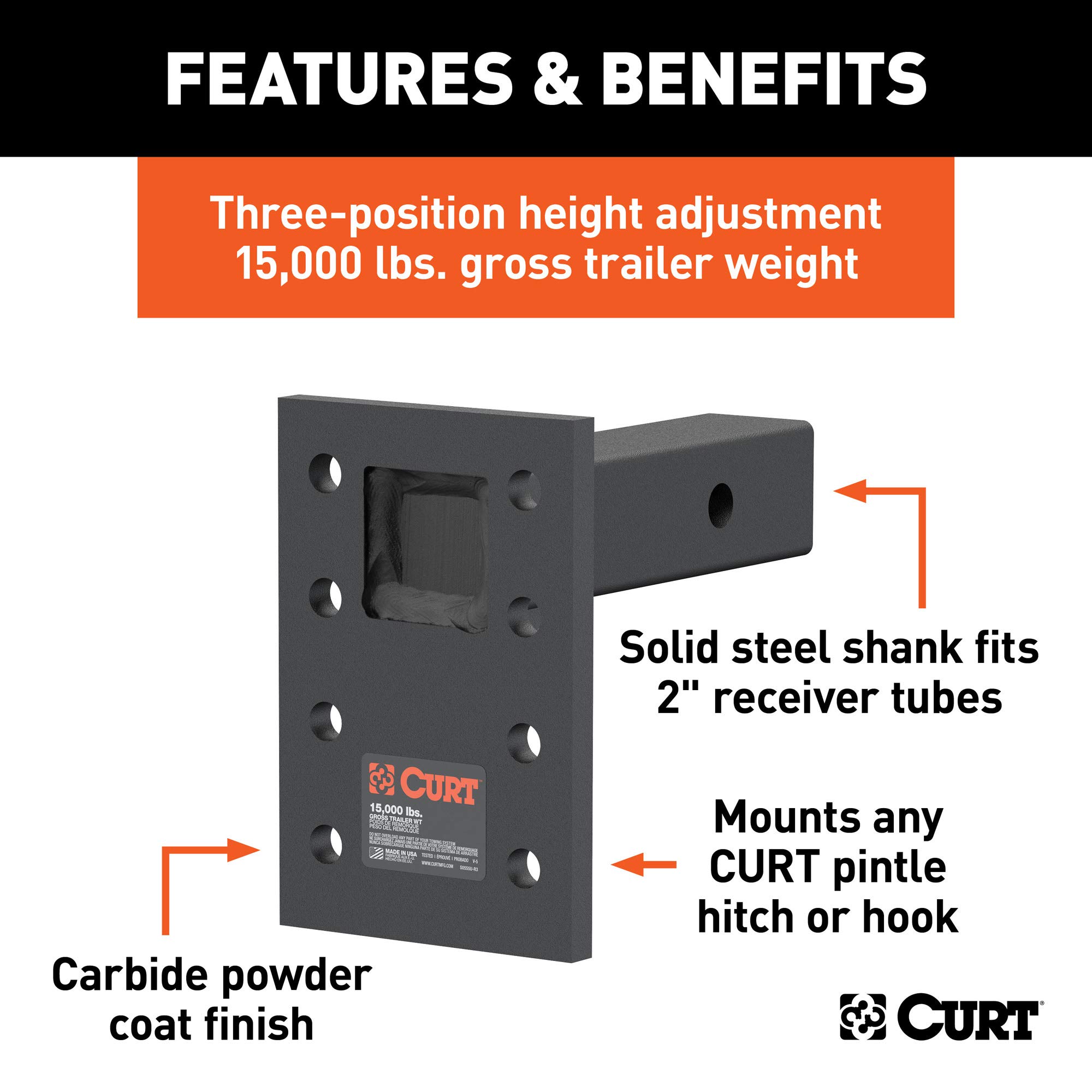 CURT 48328 Adjustable Pintle Mount for 2-Inch Hitch Receiver, 15,000 lbs, 6-1/2-Inch Drop, 6-Inch Length, Carbide Black Powder Coat