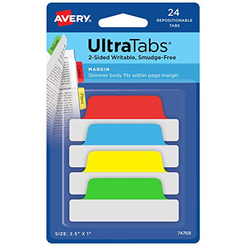 Avery 74769 Ultra Tabs, 2.5 x 1 Inch, 2-Side Writable, Pastel Blue/Pink/Purple/Green, 24 Repositionable Margin Tabs & Margin Ultra Tabs, 2.5" x 1", 2-Side Writable, Assorted Colors, 24 (74768)