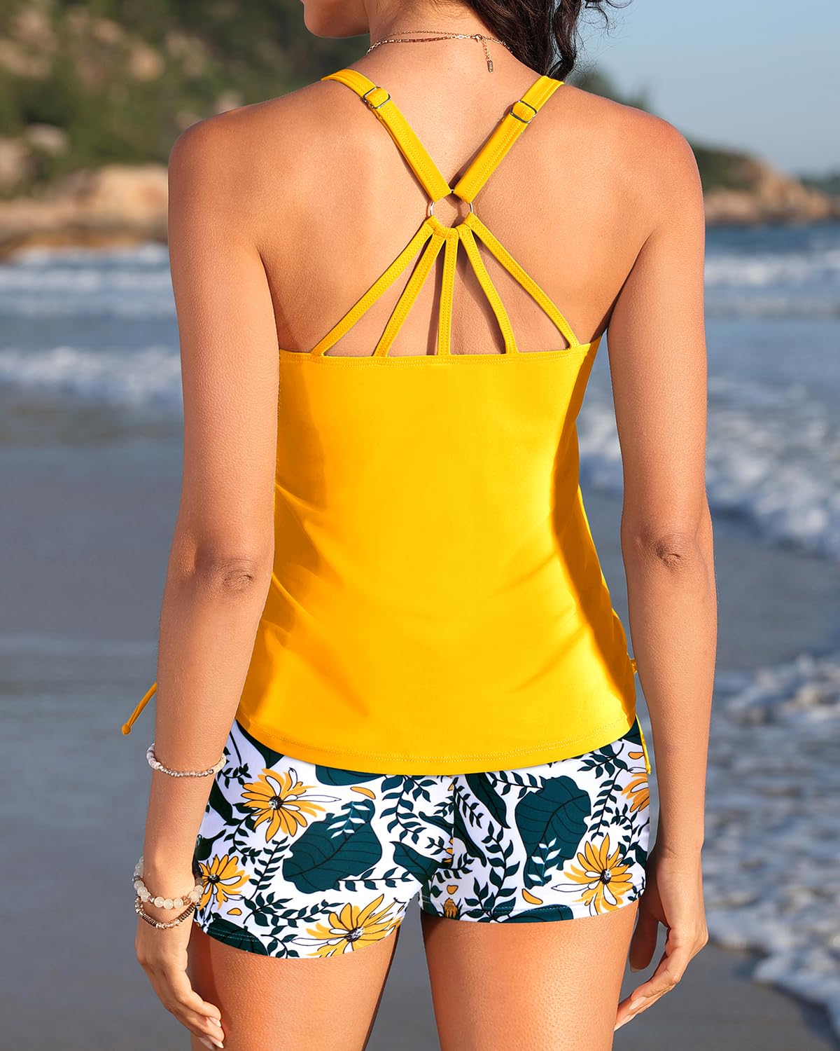 Yonique Two Piece Tankini Swimsuits for Women with Shorts Athletic Bathing Suits Tummy Control Swimwear Yellow Floral XL
