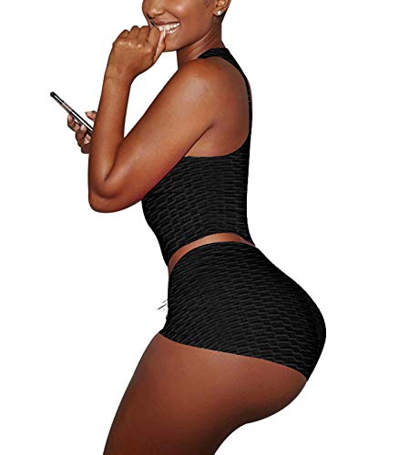 KANSOON Black Two Piece Outfits for Women Sexy Summer Sport Sets Racerback Tank Tops and Shorts Set Black XL