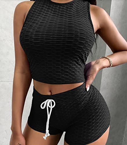 KANSOON Black Two Piece Outfits for Women Sexy Summer Sport Sets Racerback Tank Tops and Shorts Set Black XL