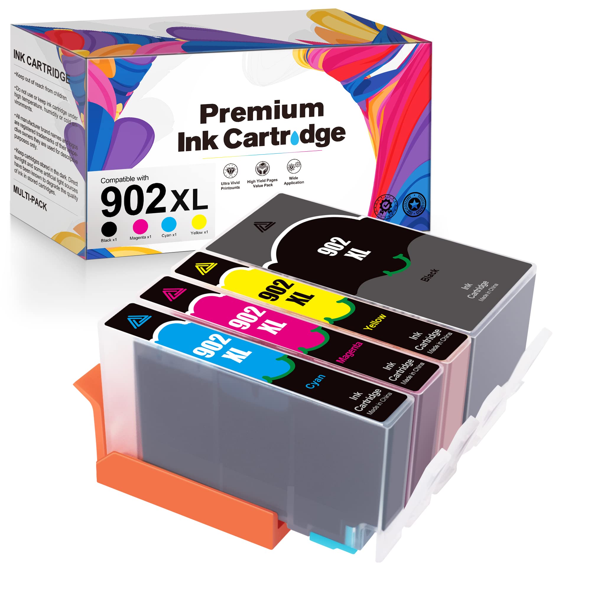 902XL Ink Cartridges Combo Pack Replacement for HP 902XL 902 XL Ink Used in OfficeJet Pro 6978 6968 6958 6962 6970 6954 6960 6950 6979 Printer (902XL Ink Cartridges, Black Cyan Magenta Yellow)