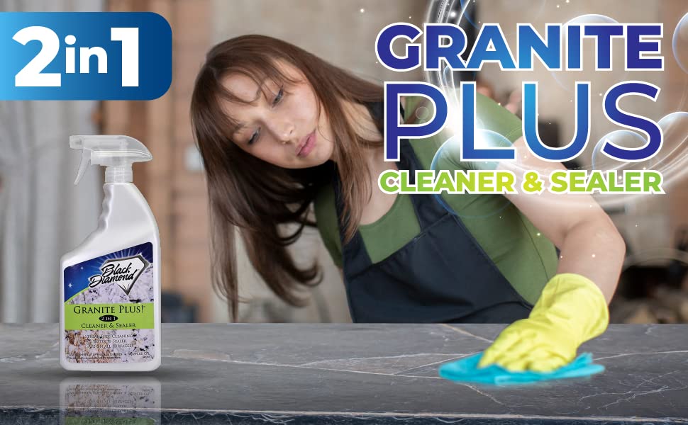 Black Diamond Stoneworks GRANITE PLUS! 2 in 1 Cleaner & Sealer for Granite, Marble, Travertine, Limestone, Ready to Use! (1-Quart) AND Granite Polish Preserver: Wax & Protectant – (1 Pint)