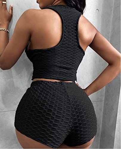 KANSOON Black Two Piece Outfits for Women Sexy Summer Sport Sets Racerback Tank Tops and Shorts Set Black XL