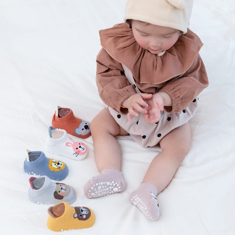 Exegawe Baby Socks with Grippers 5 Pairs Toddler Kids Cartoon Floor Ankle Non Slip Socks(Style B, L/3-5T)