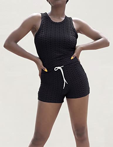 KANSOON Black Two Piece Outfits for Women Sexy Summer Sport Sets Racerback Tank Tops and Shorts Set Black XL