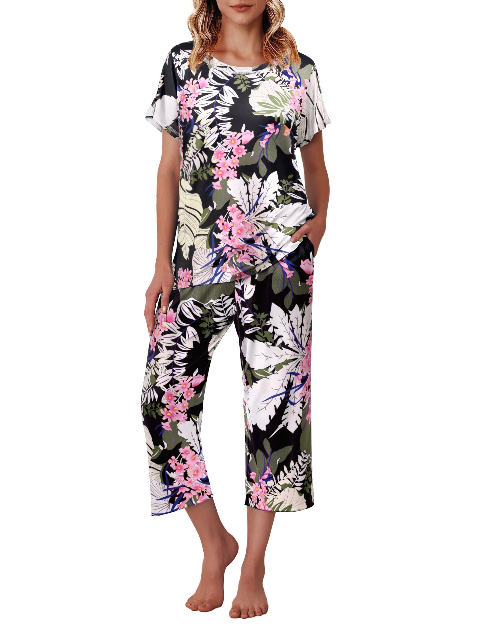 Ekouaer Women's Capri Pajama Sets Floral Print Short Sleeve Sleepwear Top and Capri Pants 2 Piece Loungewear with Pockets Pink Little Flowers XL