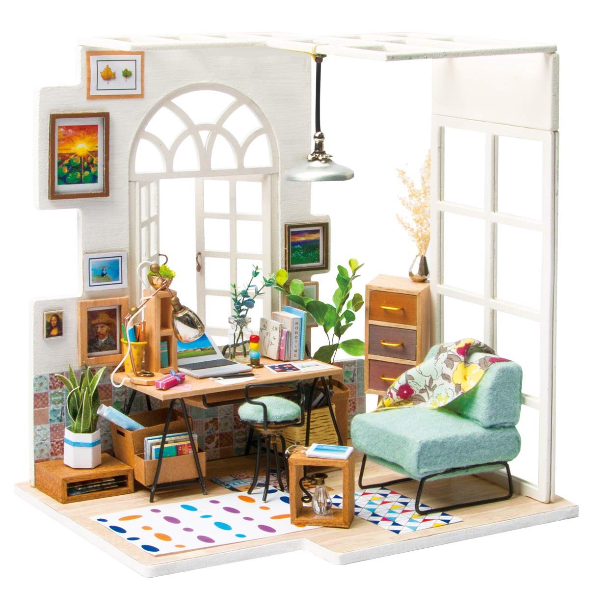Hands Craft DIY Miniature Dollhouse Kit – Soho Time 3D Model Wooden Furniture Tiny House Building with LED Lights Wood Pre Cut Pieces Puzzle 1:24 Scale for Teens and Adults DGM01
