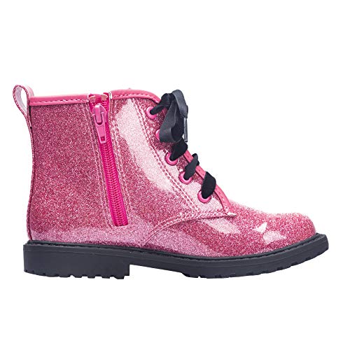 FITORY Girls Glitter Ankle Boots, Lace Up Waterproof Combat Shoes With Side Zipper for Little Kid/Big Kid Hot Pink Size 11