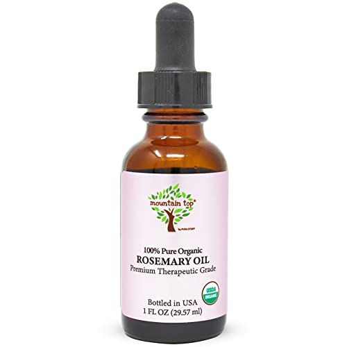 MOUNTAIN TOP Organic Rosemary Essential Oil with Glass Dropper - USDA Certified 100% Pure Premium Therapeutic Grade Diffuser Oil for Aromatherapy, Tension Relief, Massage Therapy, Memory, Skin & Hair