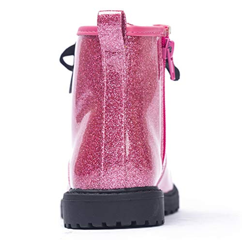 FITORY Girls Glitter Ankle Boots, Lace Up Waterproof Combat Shoes With Side Zipper for Little Kid/Big Kid Hot Pink Size 11