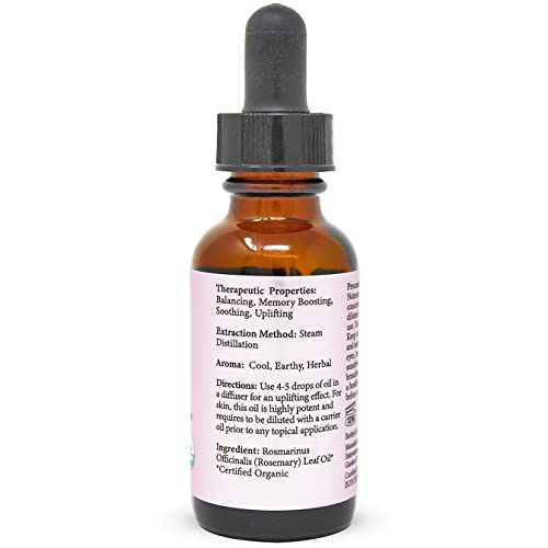 MOUNTAIN TOP Organic Rosemary Essential Oil with Glass Dropper - USDA Certified 100% Pure Premium Therapeutic Grade Diffuser Oil for Aromatherapy, Tension Relief, Massage Therapy, Memory, Skin & Hair