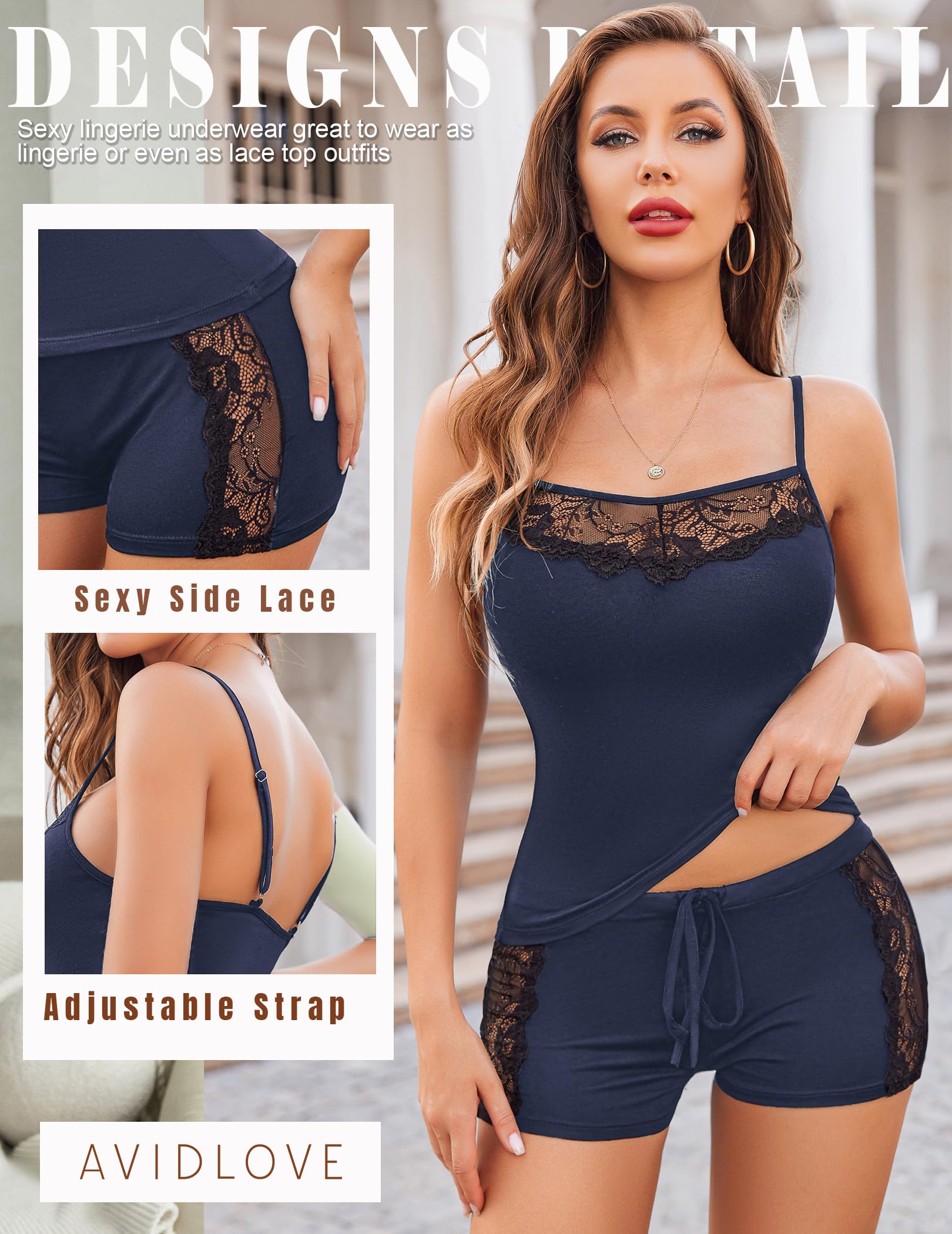 Avidlove Women Pajamas Set Sleepwear Lace Nightwear Camisole Short Sets Navy Blue