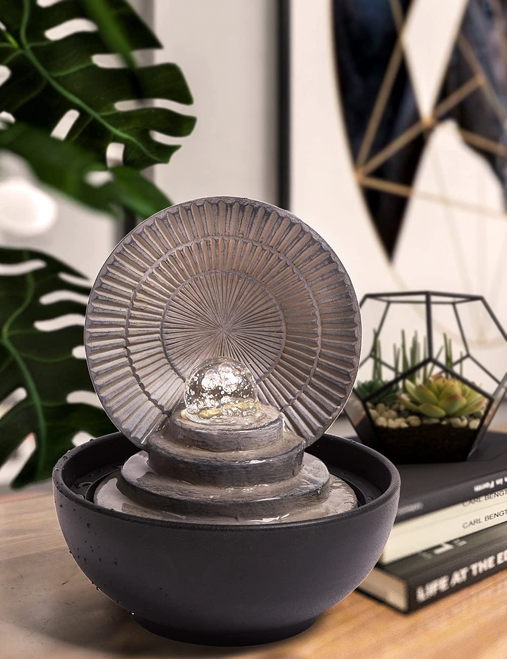 SEINHIJO Indoor Tabletop Water Fountain Zen Cascading Feng Shui Waterfall Home Decor Table Centerpiece Relaxation Gifts with LED Lights Rolling Ball 11 inch