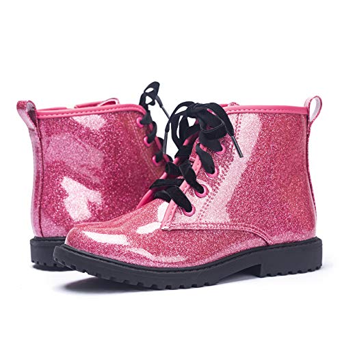 FITORY Girls Glitter Ankle Boots, Lace Up Waterproof Combat Shoes With Side Zipper for Little Kid/Big Kid Hot Pink Size 11