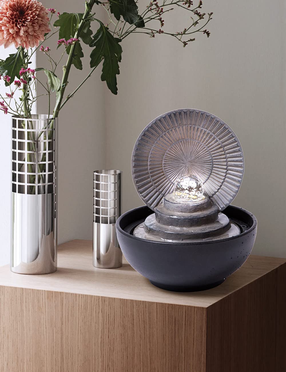 SEINHIJO Indoor Tabletop Water Fountain Zen Cascading Feng Shui Waterfall Home Decor Table Centerpiece Relaxation Gifts with LED Lights Rolling Ball 11 inch