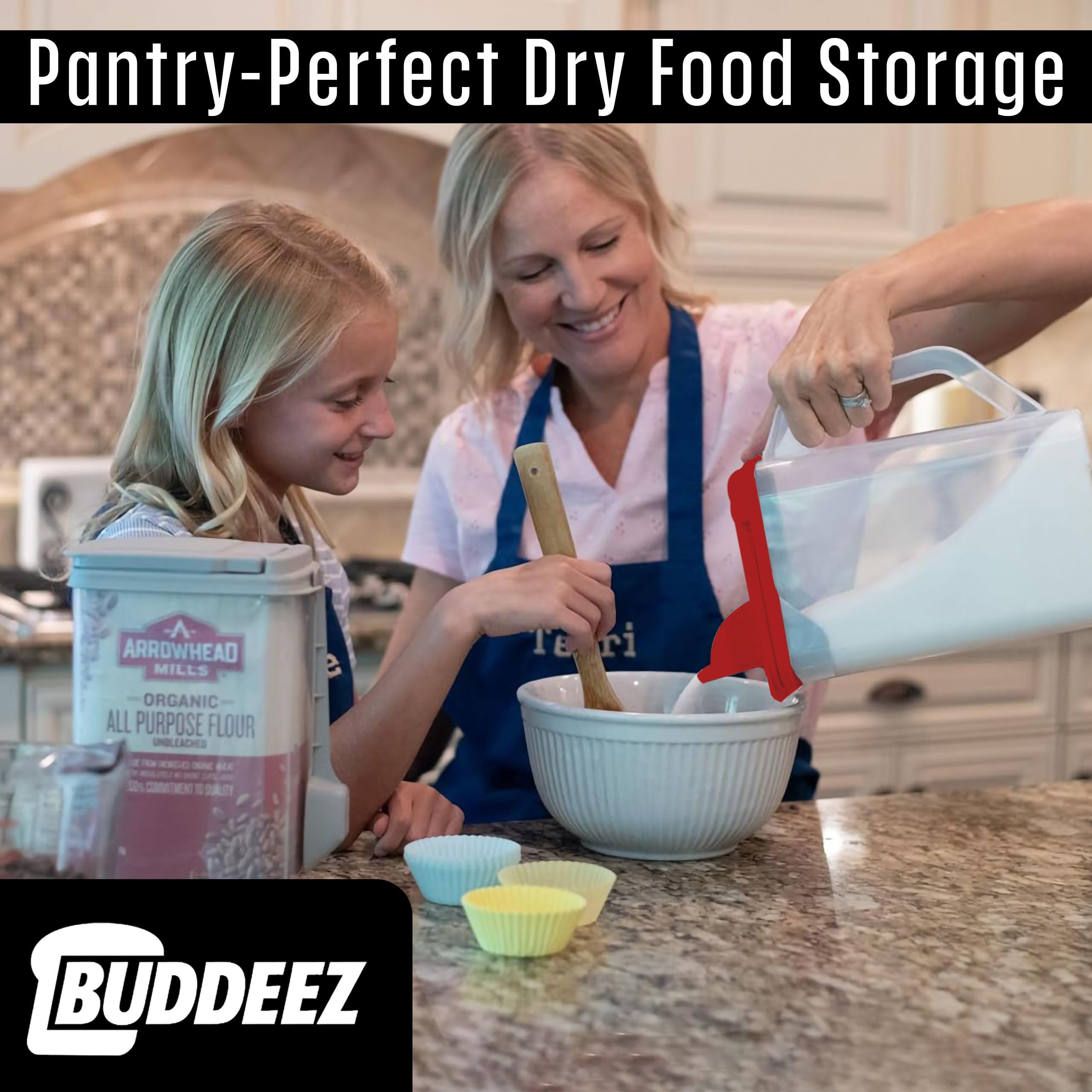Buddeez Flour and Sugar Container - 4 Quart All Purpose Kitchen Organization and Storage Unit, Dry Storage Container For Kitchen, Large Food Storage Container for Organizing Your Pantry (Red Lid)